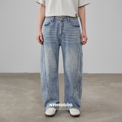 NYHSUGOO/南乙夏季微弯刀牛仔裤男士宽松洗水工艺猫须3657牛仔裤