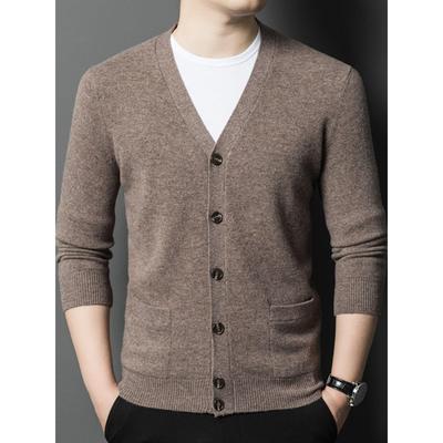 秋冬季高端羊毛衫男新款潮牌休闲纯色V领开衫男士薄款纯羊绒毛衣