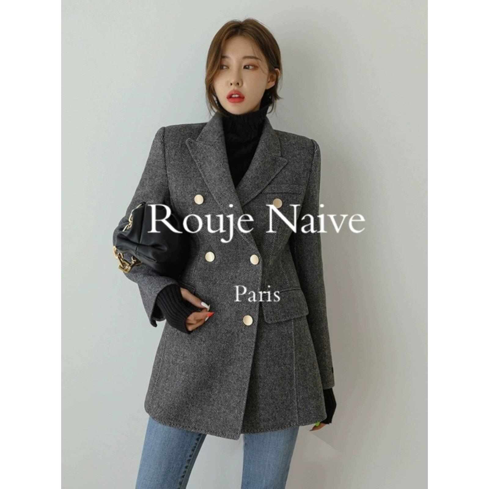 Rouje Naive高级感毛呢春秋外套人字纹中长款修身韩版呢子西服女