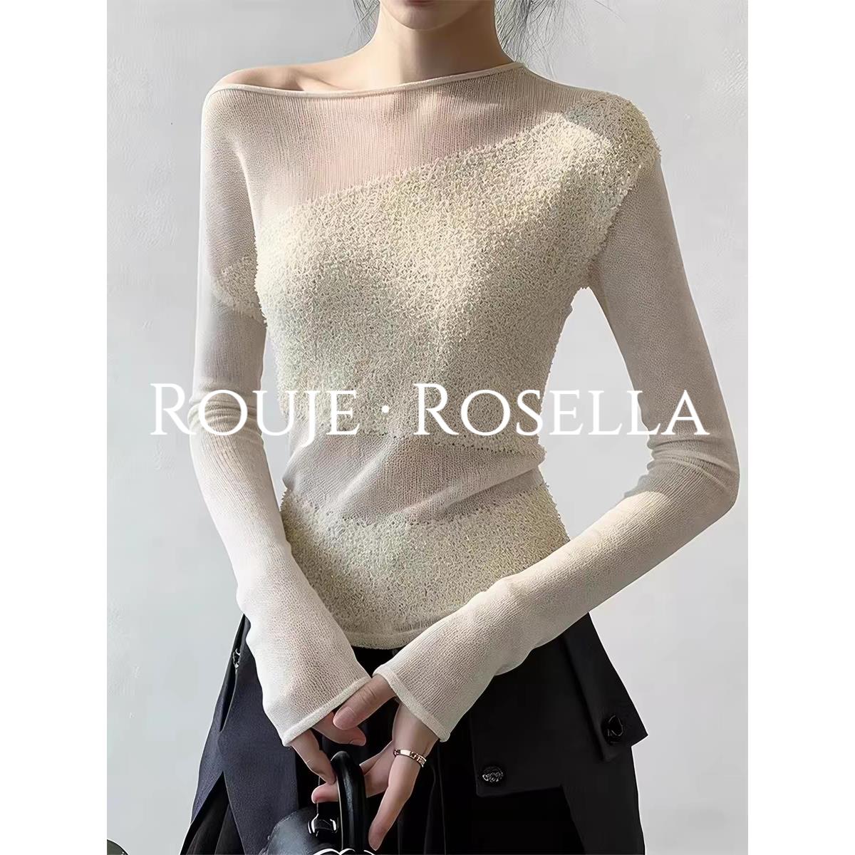 法国Rouje Rosella绝美气质名媛斜肩白色网纱拼接针织女春上衣