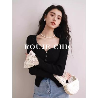 rouje chic法式黑色v领蕾丝拼接针织衫女秋内搭打底修身短款毛衣