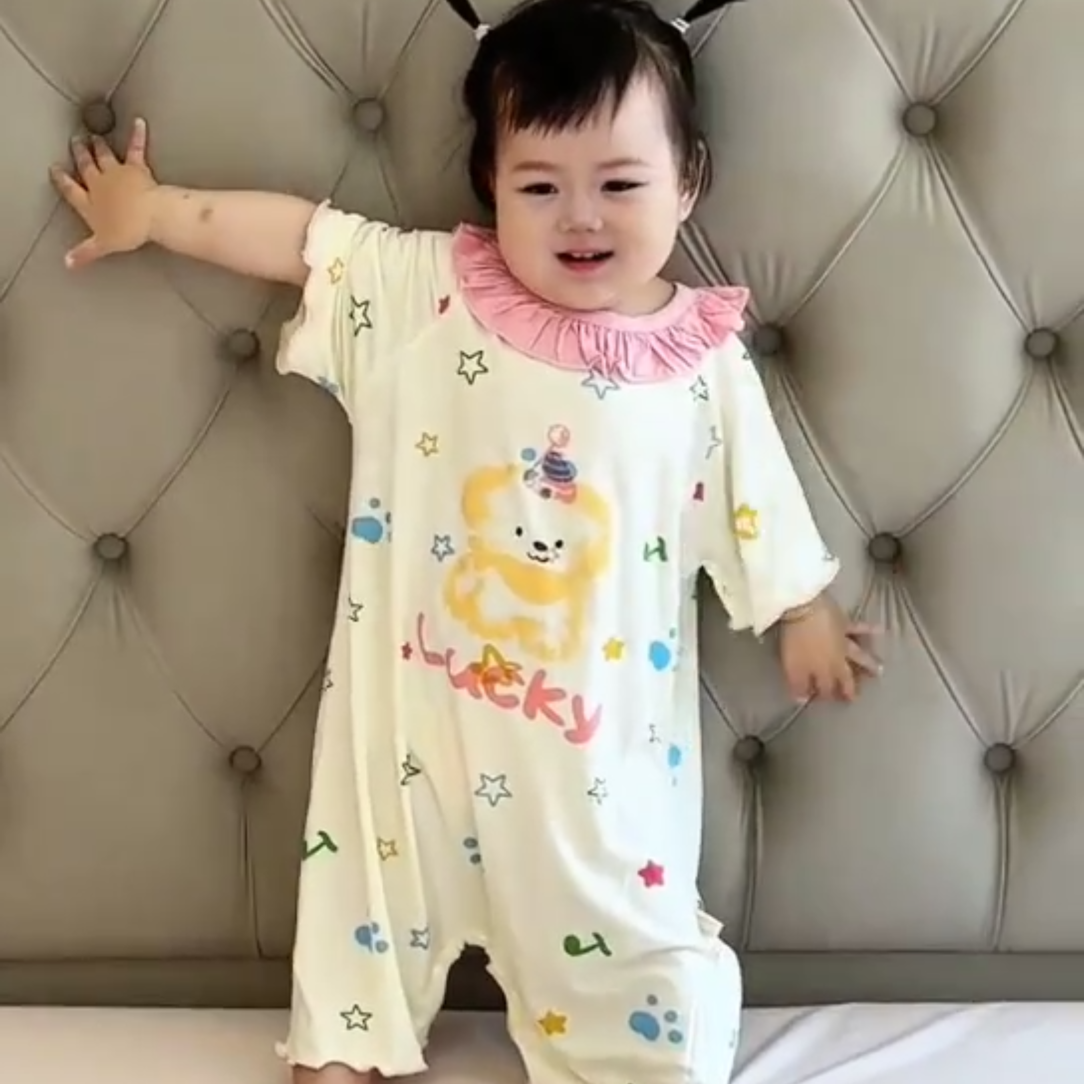 夏季女童公主风卡通印花睡裙粉色荷叶边领可爱家居服