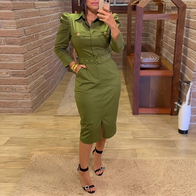 womens collar long sleeved shirt dress with summer slimming