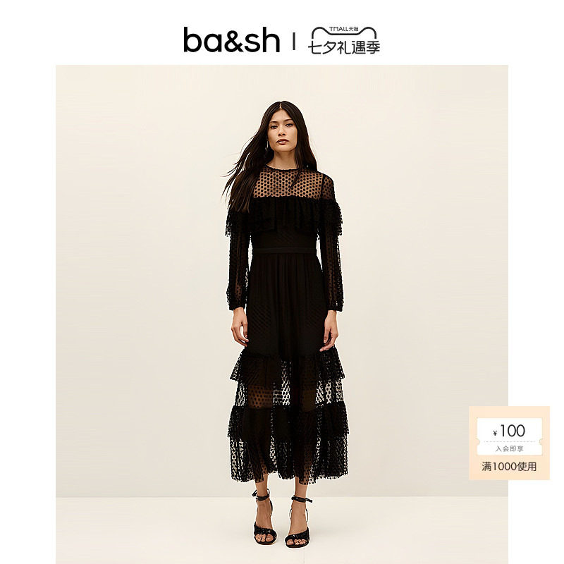 bash早秋法式气质波点透视设计蛋糕裙女士长袖连衣裙长裙1H25RITA