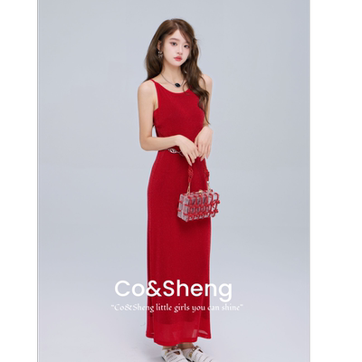 红茶会/COSHENG小个子夏季吊带连衣裙纯色女欧若风气质修身红色