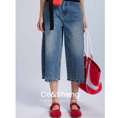 重生小个子珍珠钉珠七分牛仔裤