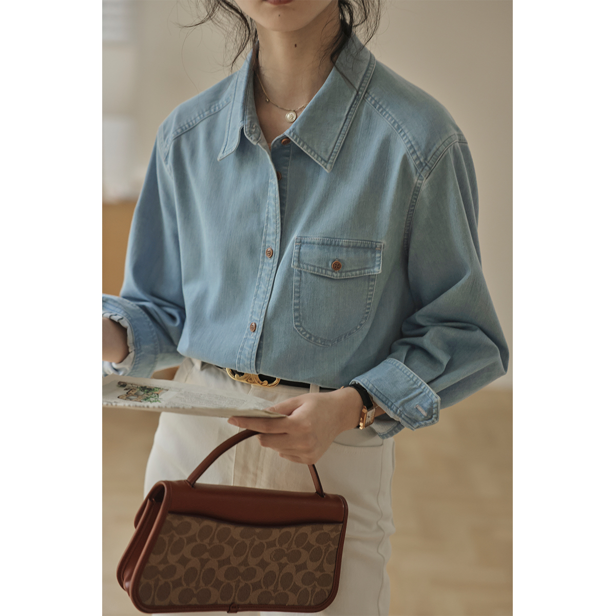 solighter法式复古牛仔衬衫女2023秋季新款宽松休闲叠穿长袖衬衣_虎窝淘