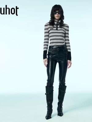 uhot诱货/黑白Polo领假两件条纹长袖羊毛衫经典休闲时尚UWWW2Z442