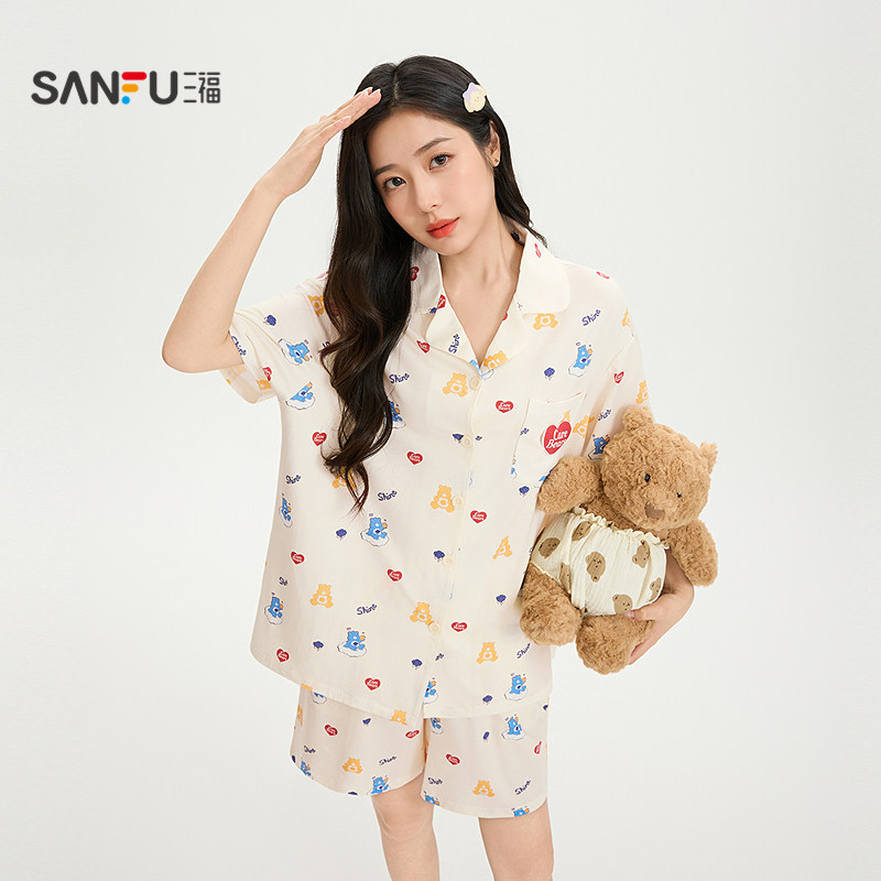 三福【爱心小熊联名】女夏季趣味IP印花排扣家居服套装517808