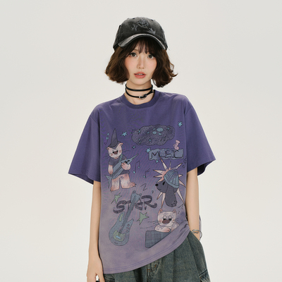 Girlyhalo美式复古渐变紫水洗做旧短袖t恤女夏季新款宽松显瘦上衣