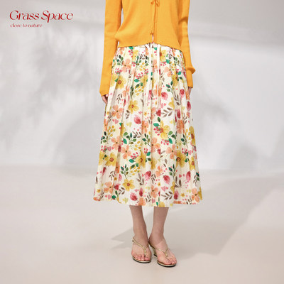 原野空间GRASS SPACE碎花裙女春橙色花朵显瘦高腰百搭长款半身裙