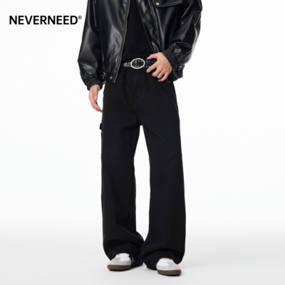 NEVERNEED纯棉工装牛仔裤男女秋季美式cargo水洗宽松直筒A字裤子