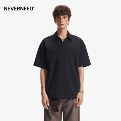 NEVERNEED老钱风V领短袖T恤男女