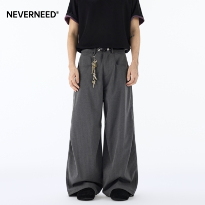 NEVERNEED条纹直筒休闲西裤男女春季美式老钱风垂坠感A字阔腿长裤