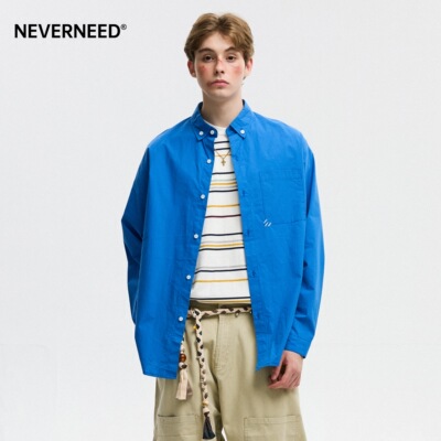 NEVERNEED克莱因蓝口袋衬衫男女