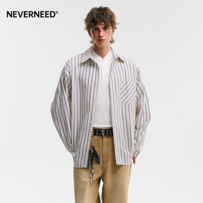 NEVERNEED美式条纹翻领衬衫男女
