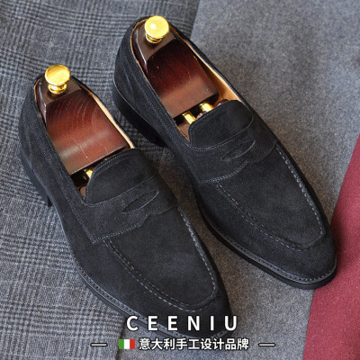 CEENIU意大利反绒牛皮男士乐福鞋英伦一脚蹬套脚皮鞋真皮手工鞋