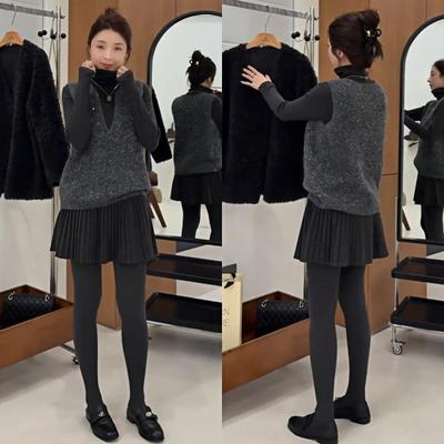 亮片马甲打底衫百褶裙三件套