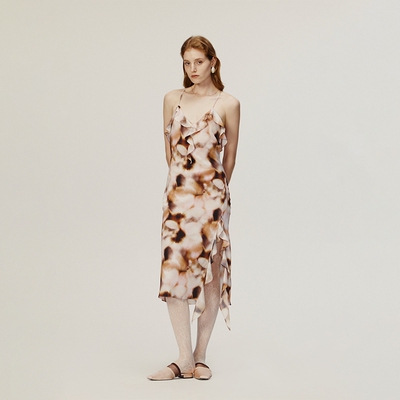 【AETNA PROJECT】hug 2025早春新款粉棕色晕染印花荷叶边连身裙