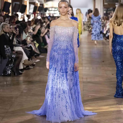 Georges Hobeika 蓝色渐变钉珠长袖优雅一字肩主持人演出晚礼服
