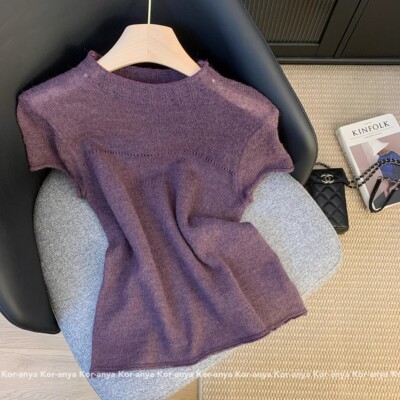 kor-anya 设计感性感微透短袖针织衫女纯欲小心机内搭打底衫上衣