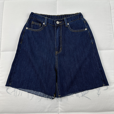 断码韩系夏天松紧腰毛边牛仔短裤