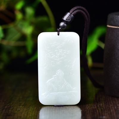 新疆和田玉羊脂玉白玉青白玉山水意境平安牌吊坠男女挂件玉坠玉佩