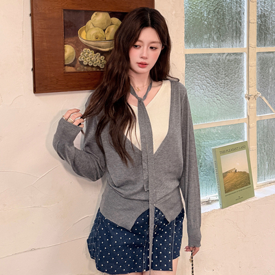 Ciobbur针织衫假两件V领排扣上衣