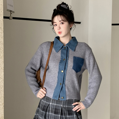 Ciobbur针织衫撞色牛仔拼接上衣