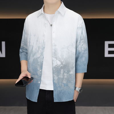 宽松短袖衬衫男夏季冰感薄款七分袖衬衣潮流渐变中袖寸时尚0430z
