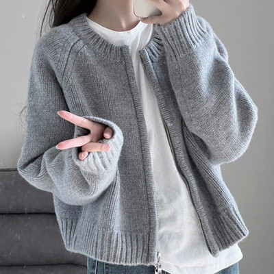 Casual short knitted cardigan women's spring gray sweater