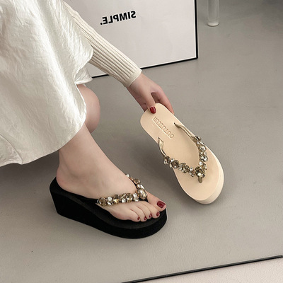 womens anti slip slope heel thick bottom flip flops slippers
