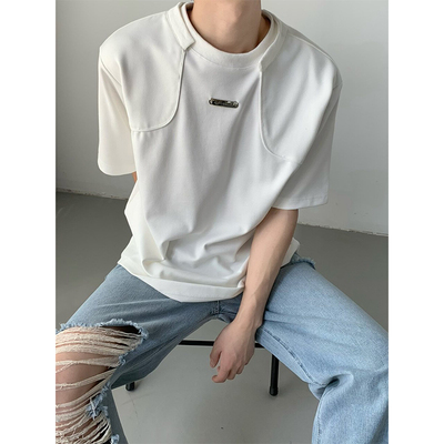 韩版宽松垫肩重磅短袖T恤设计感解构半袖打底衫小众男女潮ins上衣