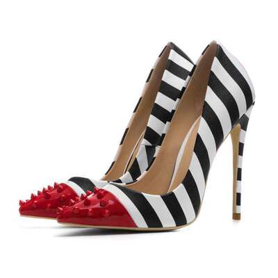 欧美时装单鞋尖头条纹铆钉细跟女鞋速卖通高跟鞋high heels pumps
