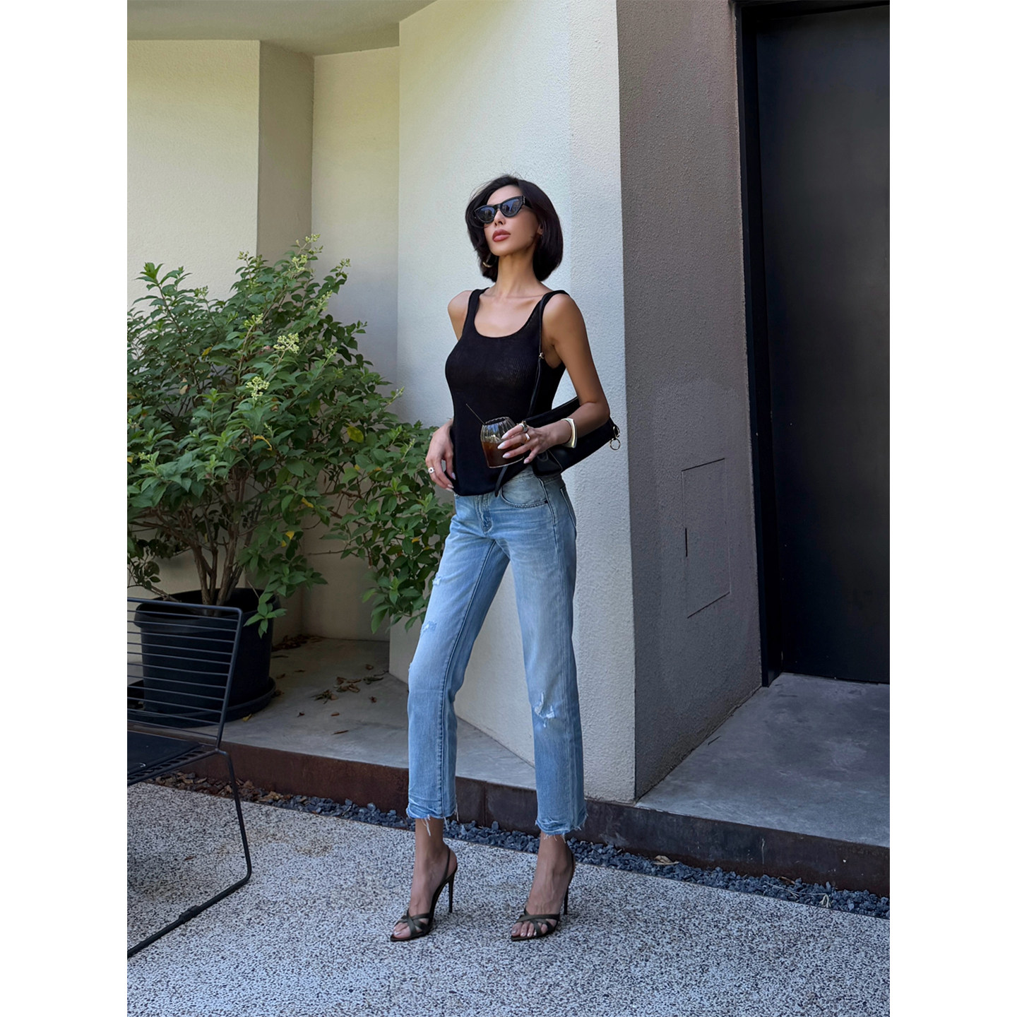 VanessaLab私服复古百搭显瘦牛仔裤女欧美毛边高腰九分小脚直筒裤