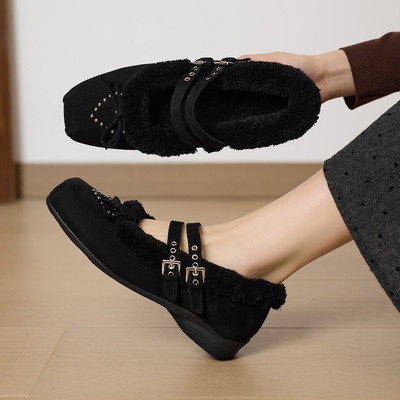 意大利设计师复古方头羊羔毛玛丽珍鞋黑色双排扣内增高加绒毛毛鞋