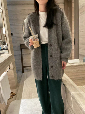 MQ｜MACQNF89096高品质马海绒V领中长款毛衣开衫外套女