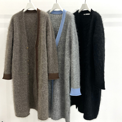 MQ｜MACQNF89252高端大气拼接撞色马海绒长款开衫慵懒风毛毛外套