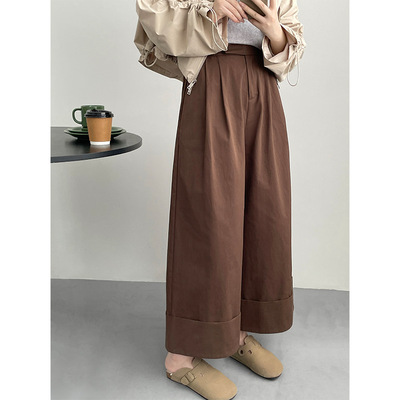 女工装高腰卷边阔腿裤