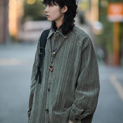 日系做旧宽松休闲水洗长袖衬衫