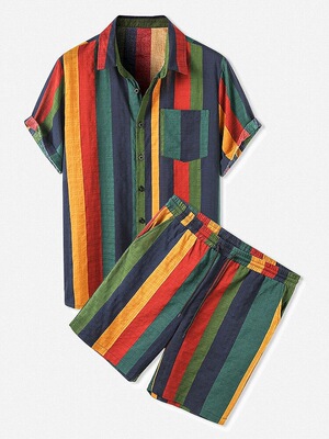 Casual Lapel Shirts And Drawstring Shorts Suits Men Outfits