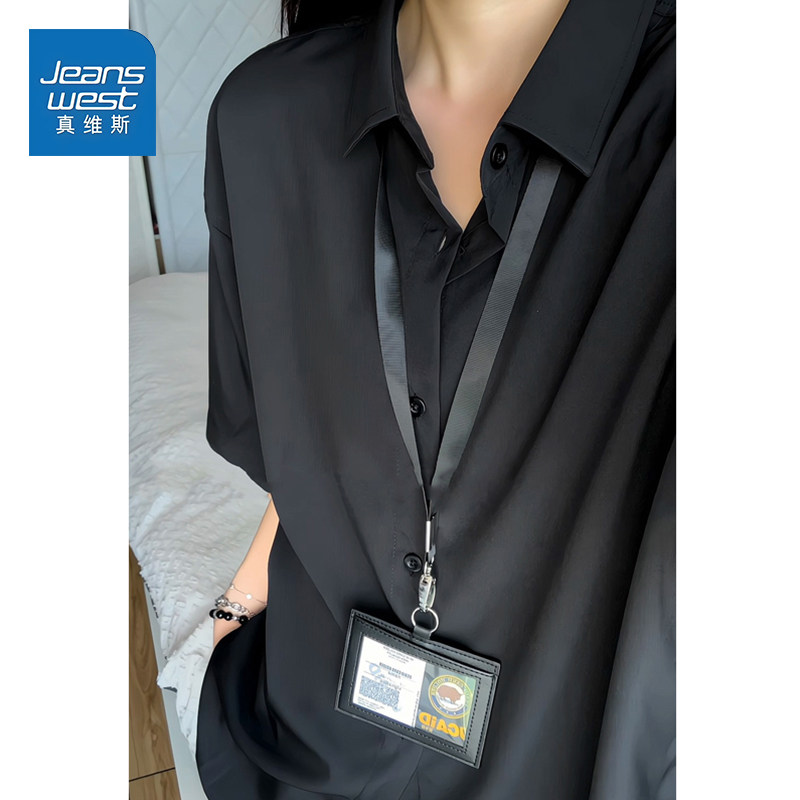 真维斯黑色冰丝短袖衬衫女夏季新款宽松垂感通勤风大码休闲衬衣潮