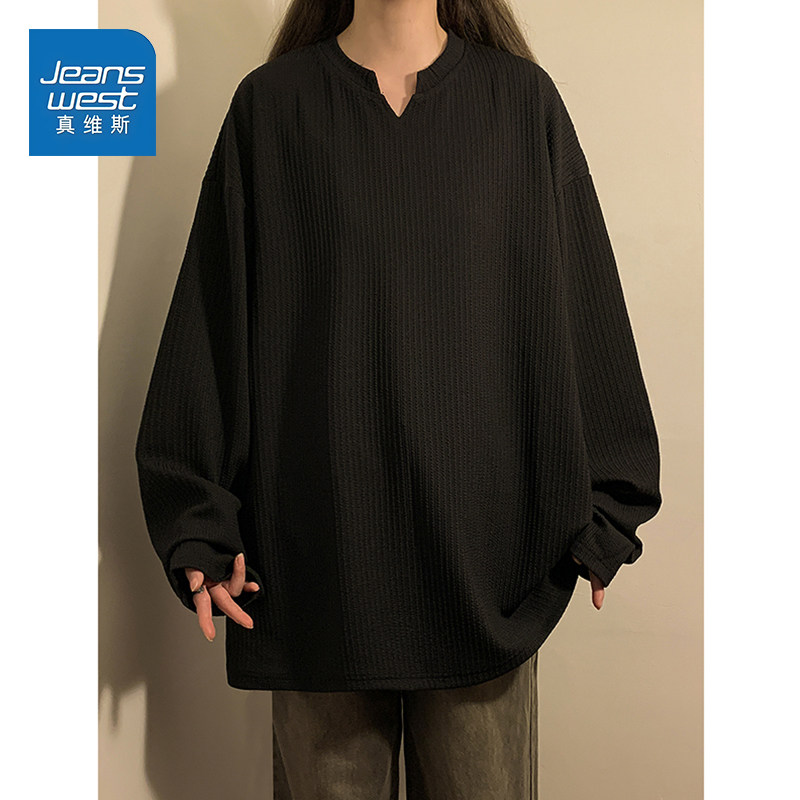 真维斯v领长袖t恤女宽松慵懒风显瘦内搭打底春秋季穿搭卫衣上衣潮