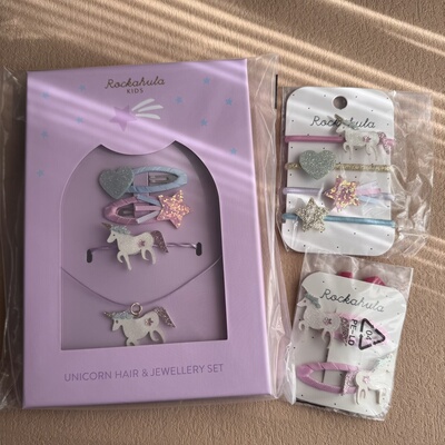 原包装！Rockahula儿童独角兽发夹皮筋项链礼盒套装宝宝布艺边夹