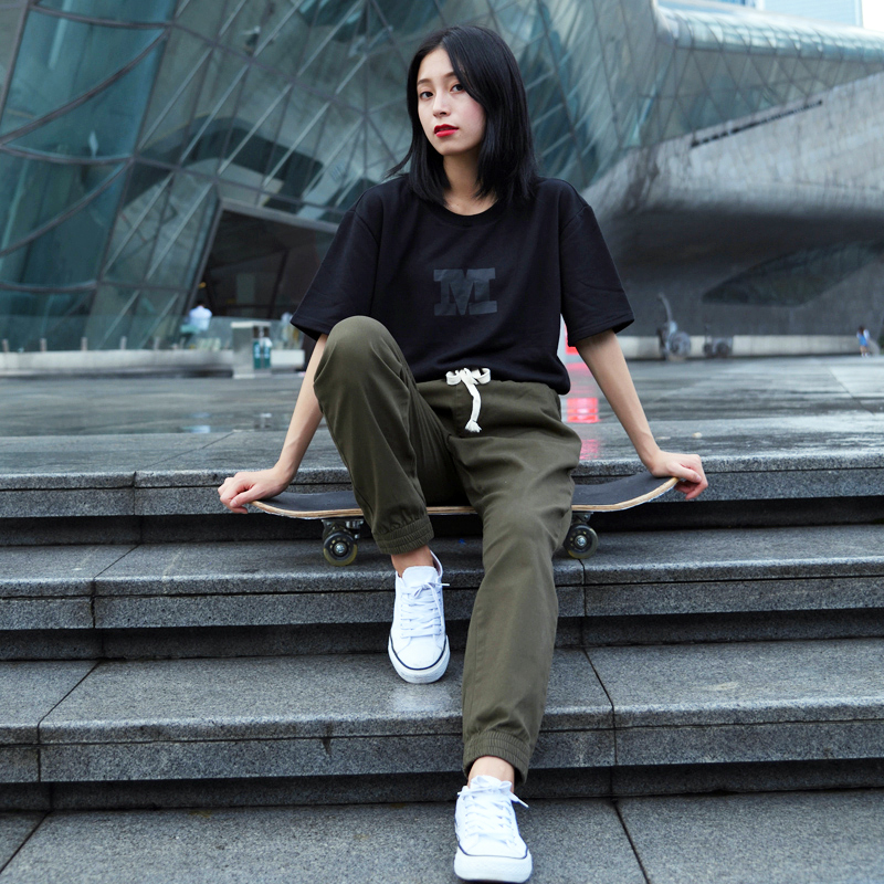 军绿色裤子女春秋机能工装裤小个子束脚休闲运动女裤2024新款九分虎窝淘