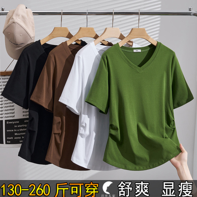 特大码两侧褶皱v领短袖t恤女夏季
