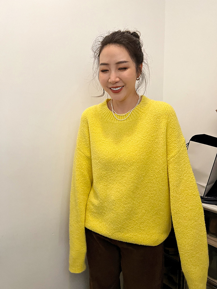 widelia陈姬儿冬季柠檬黄套头针织衫女宽松慵懒休闲毛衣27821