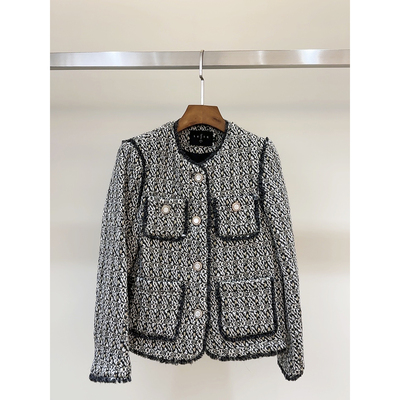 轻奢小香风外套重工流苏绵羊毛外套—黑金色—8878