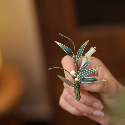 绒花竹叶胸针绿色别针旗袍装饰品