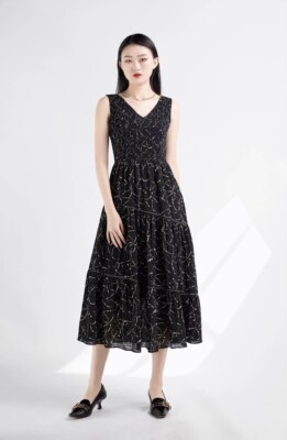 A家女装专柜正品2024春V领提花无袖连衣裙1500507-2A38711-001